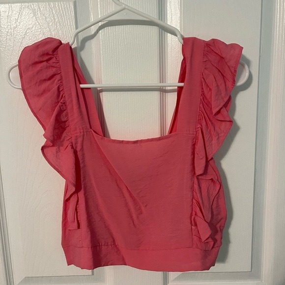 Tops | Pink Flutter Sleeve Crop Top | Poshmark